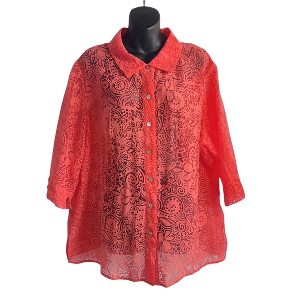 White Stag | Tops | White Stag Womens Coral Sheer 34 Sleeve Lace Button Up Top Shirt Sz 82w ...